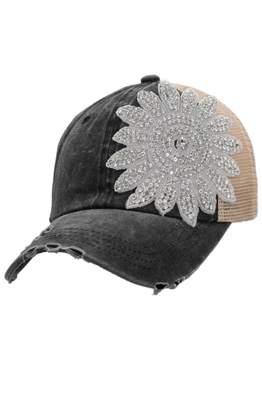 Sunflower Crystal Bling Rhinestone Patch Two Tone Distressed Trucker ...